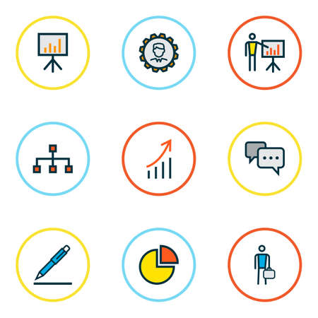Job icons colored line set with introducing, comment, engineer and ...