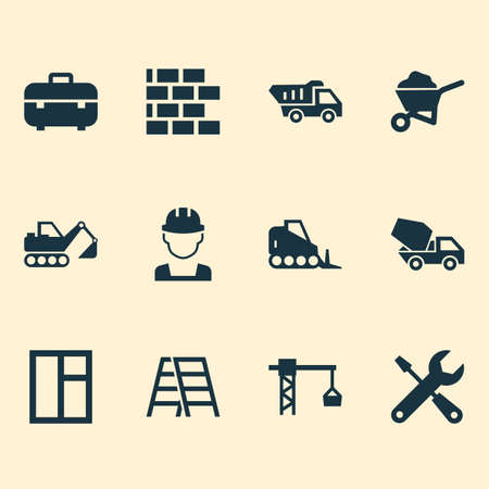 Construction icons set with tools, concrete mixer, tower crane and ...