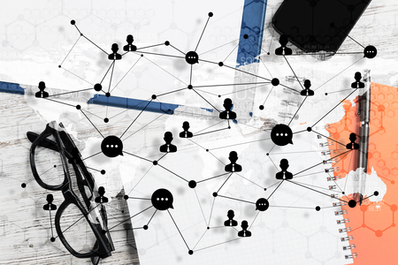 Top view of modern workplace with office stuff and global map with ...