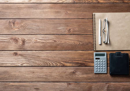 Still life of accountant workspace with office accessories. Flat lay ...