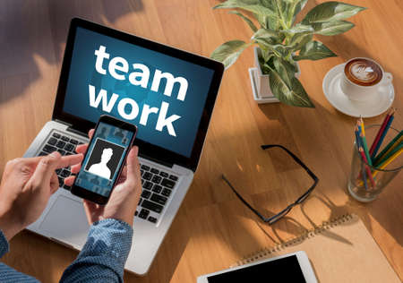 teamwork Freelance desktop with accessories and distance work tools ...
