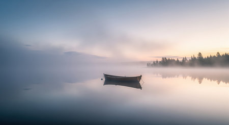 Lone rowboat gently drifting on a calm, still lake, enveloped in soft ...