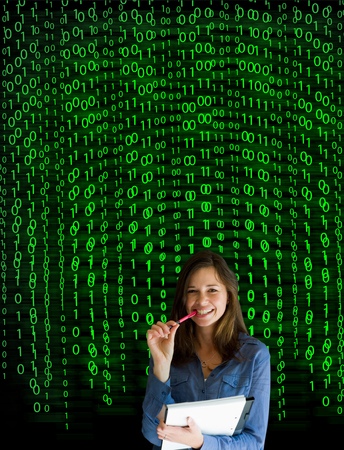 Nerd computer businesswoman on matrix binary background - Stock Image ...