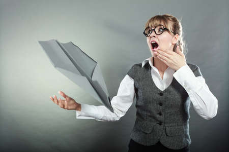 Fly fear metaphor, aerophobia concept. Scared business woman looking ...