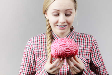 Intellectual expressions, being focused concept. Closeup of attractive ...