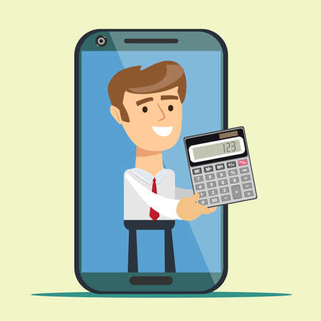 Man from smartphone screen giving calculator. accounting online service ...