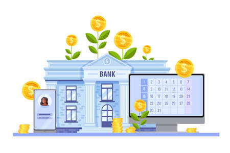 Online bank and digital money finance vector concept with building ...