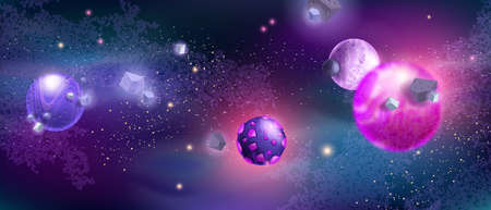 Space background, alien planets, stardust, cosmic rocks, vector galaxy ...