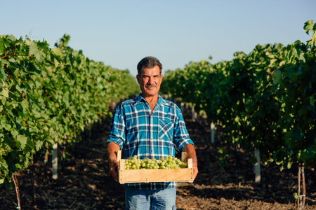 vineyard farmer harvesting grapes in vineyard during wine harvest ...