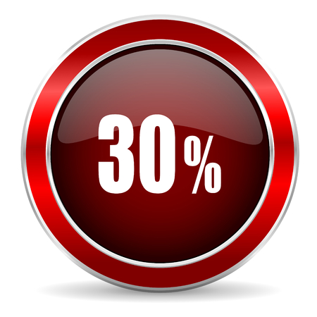 30 percent red circle glossy web icon, round button with metallic ...