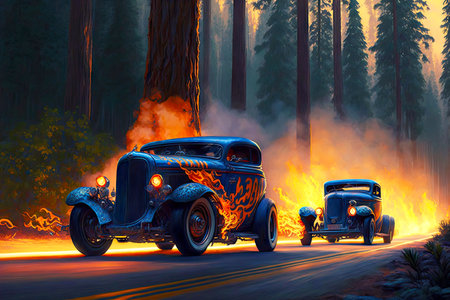 full-fledged american hot rods with flame paintwork drive down road in ...