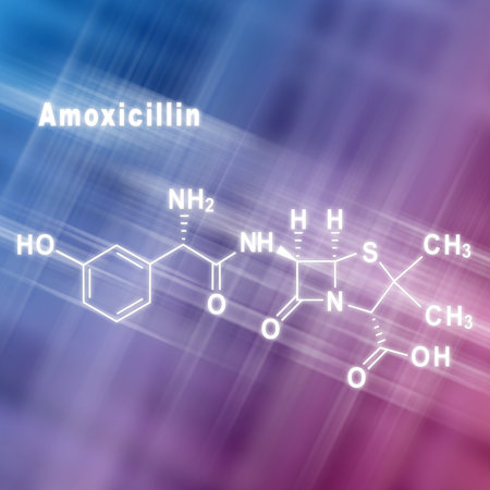 Amoxicillin, antibiotic drug, Structural chemical formula blue pink ...