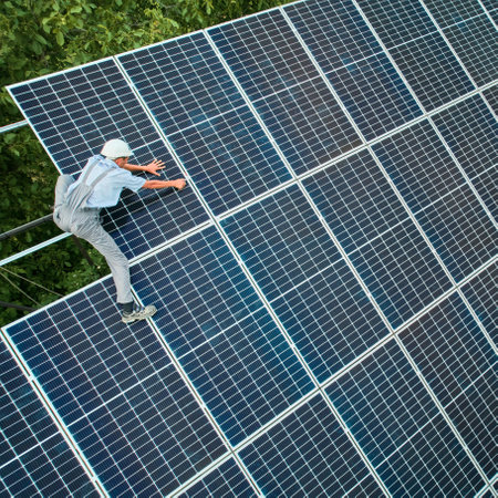 Aerial view of man technician installing photovoltaic solar panels to ...