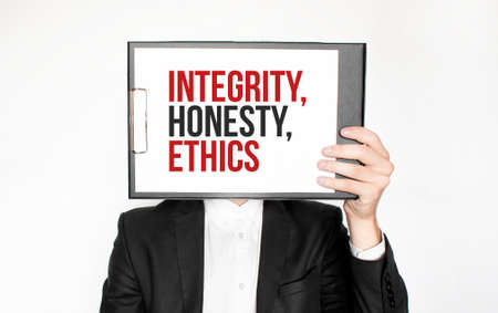 Show wait word on paper shown by business man isolated on white ...