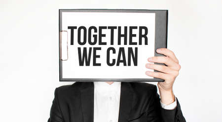 Show wait word on paper shown by business man isolated on white ...