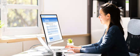 Woman Filling Survey Poll Or Form On Desktop Computer - Stock Image ...