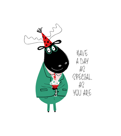 Funny black moose in suit holding birthday cupcake. Birthday greeting ...