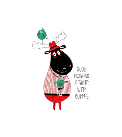 Cute black moose holding a cup of coffee. Card with inspiring phrase ...