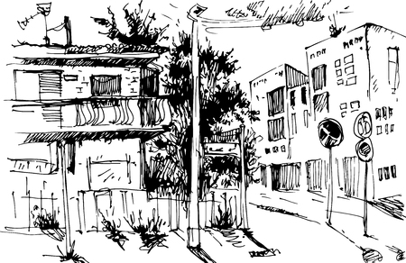 Vector Urban landscapes in hand drawn ink line style. Old city street ...