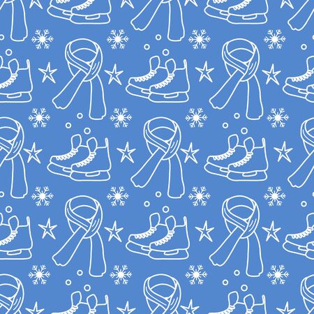 Vector seamless pattern Ice skates, scarf, snowflakes, stars. Winter ...