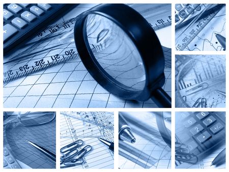 Business collage about reporting and accounting in blues.の写真素材 ...