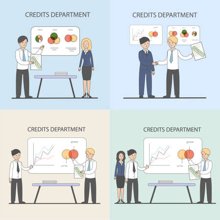 Credits department concept. Indoors office of bank with workers and ...