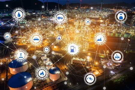 Aerial view or top view night light oil terminal is industrial facility ...