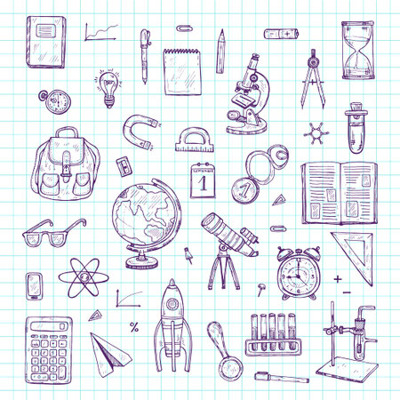 Set of cute hand drawn educational tools including pencils; pens ...