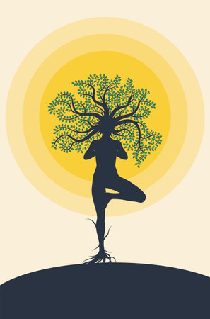 Silhouette of human shaped tree with leaves over sun, minimalist ...