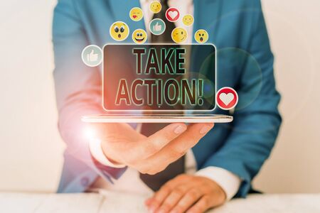 Word writing text Take Action. Business photo showcasing do something ...