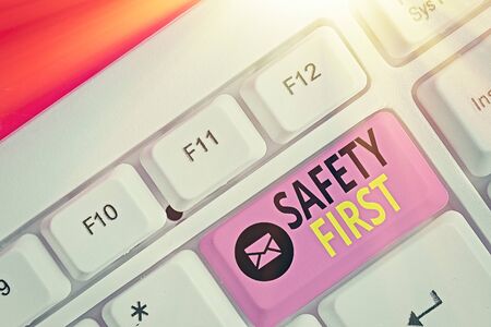 Text sign showing Safety First. Business photo showcasing used to say ...