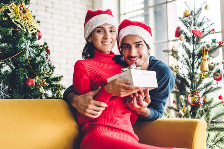 Romantic sweet couple in santa hats having fun decorating christmas ...