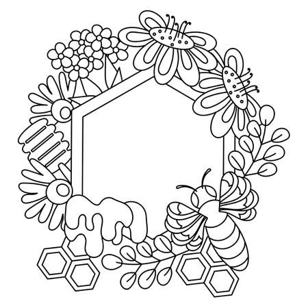 Frame with honeycombs, flowers and a bee. Coloring book page. Black and ...