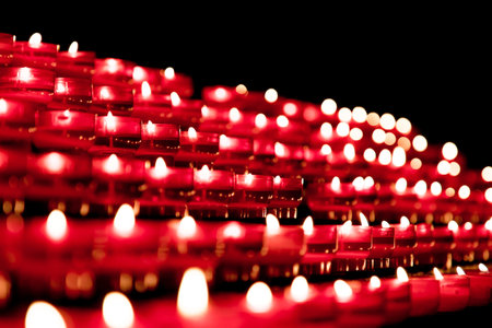 Photo of Group of red candles in church - ID:1-144216729 - Royalty Free ...