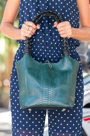 Closeup woman hands with fashion luxury snakeskin python handbag ...