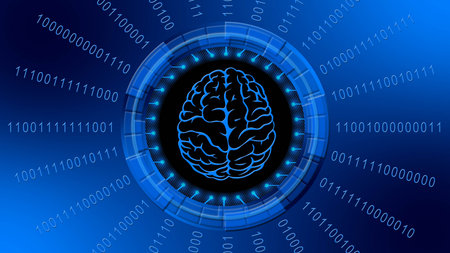 Brain symbol centered in rays of binary code around HUD elements in ...