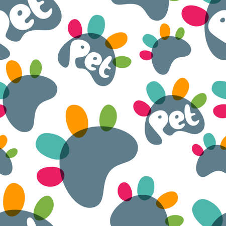 Vector seamless pattern with colorful paws and hand drawn letters ...