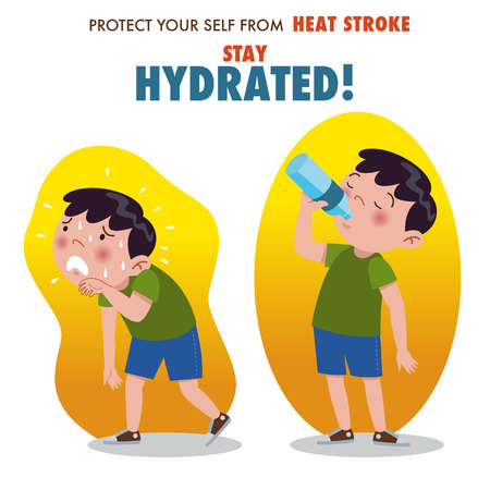 Protect yourself from heat stroke, Stay hydrated. Illustration of a ...