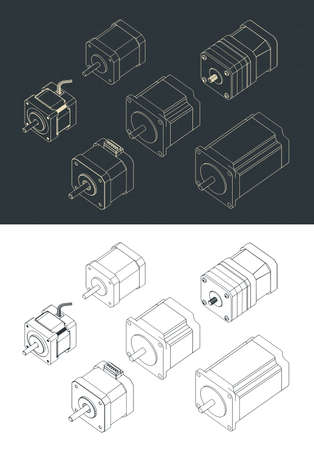 Stylized vector illustration of isometric drawings of a set of stepper ...