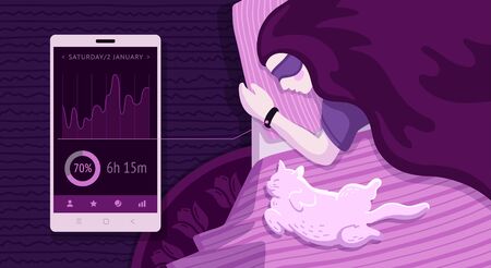 Sleep control concept. Woman character sleeping in bed, using sleep ...