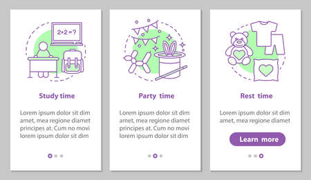 Study, party and rest time onboarding mobile app page screen with ...