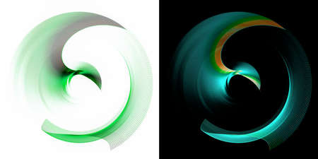 Green and turquoise striped abstract engine blades rotate on white and ...