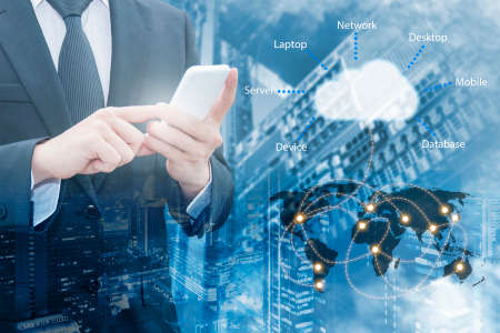 Double exposure of professional businessman connecting cloud internet ...