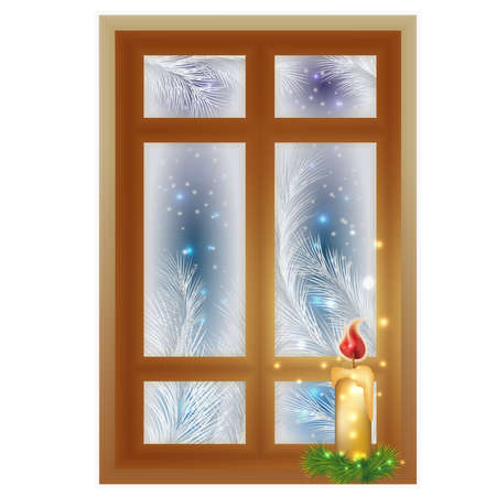 Winter frosted window with candle, vector illustration:: tasmeemME.com