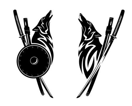 howling wild wolf with japanese samurai katana sword and scabbard by ...