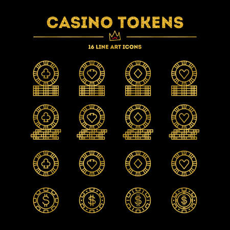 Casino tokens. Gold gradient edition with glitter. Vector icon set. 16 ...