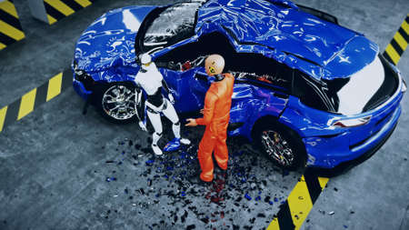 Robot crash test dummy and female robot. Future concept. 3d rendering ...