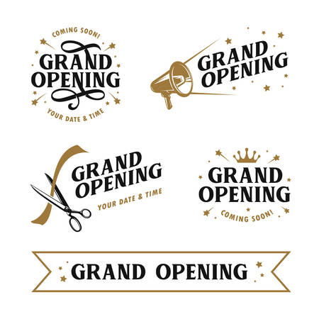 Grand opening templates set. Lettering design elements for opening ...