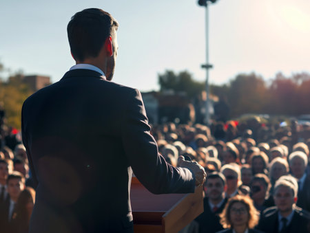 Rear view of a man addressing a crowd from a podium under sunlight.の写真 ...