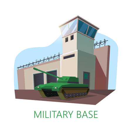USA military base building and tank. American construction with ...